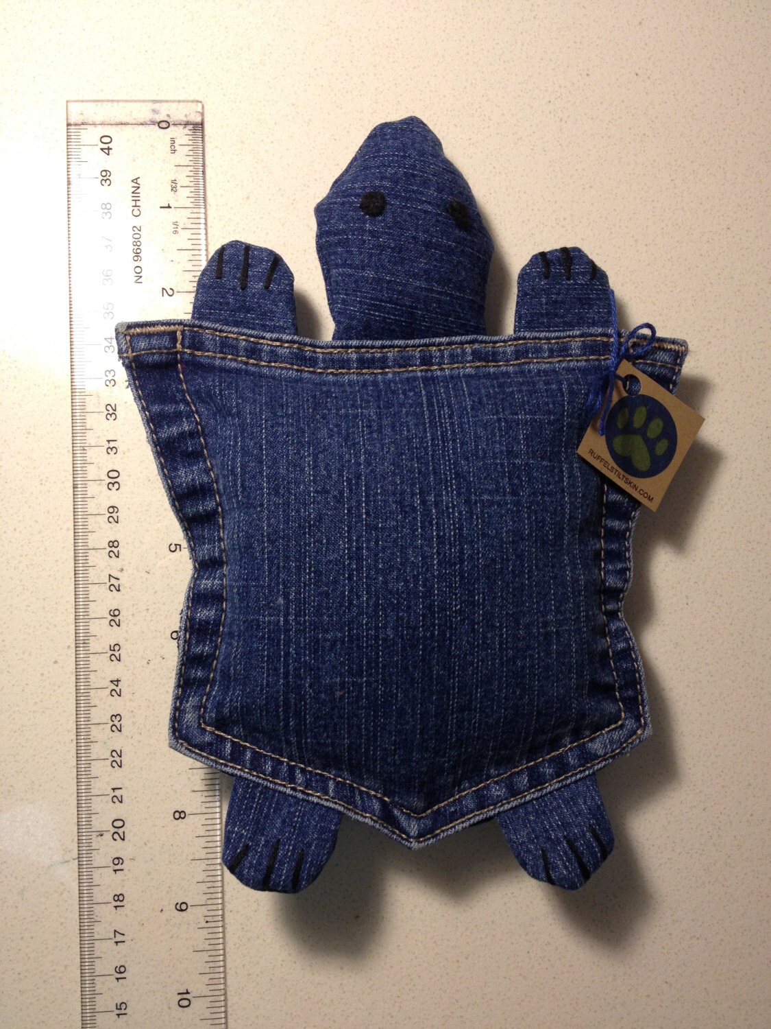 Upcycled Denim Pocket Turtle Plush Dog Toy Blue Medium