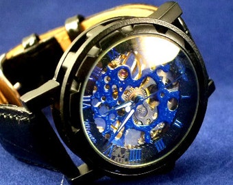 skeleton watch steampunk brand hand wind blue dial watch black leather ...