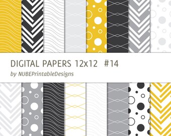 Geometric Digital Paper Scrapbook Paper: Mustard Yellow Gray