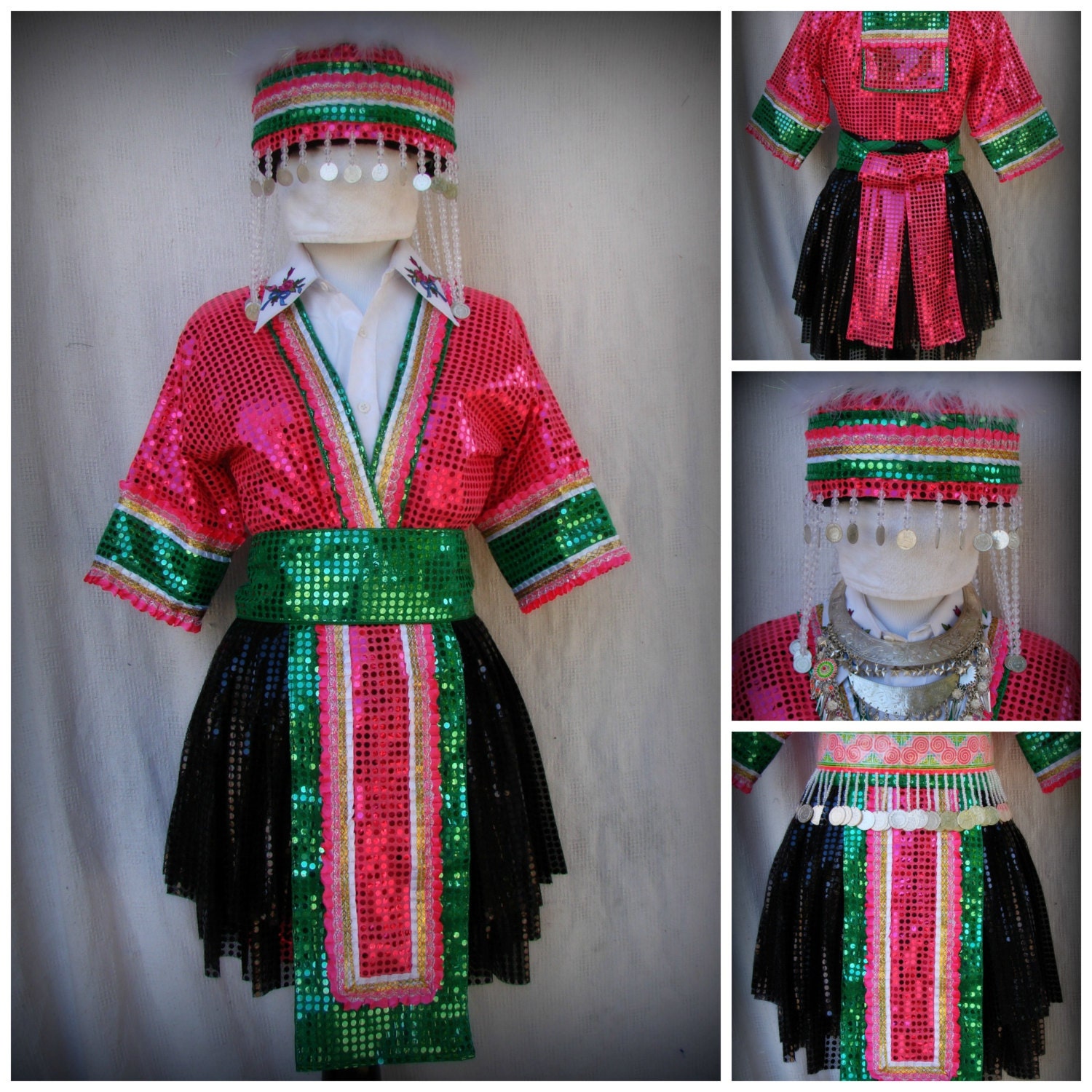 Beautiful Hmong costume with sparkling pink and green in black