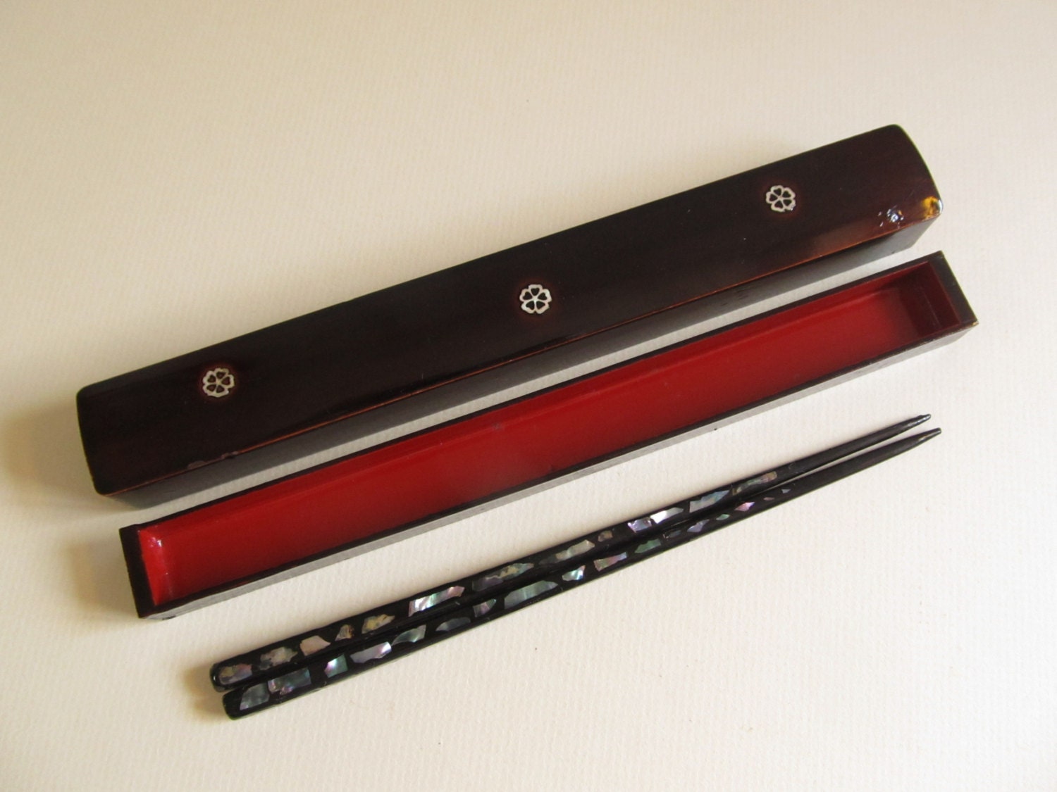 Vintage Japanese lacquerware chopstick case + abalone inlaid chopsticks ...
