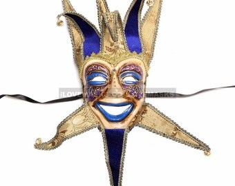 Blue Mystic Jester Joker with Bell Venetian Phantom of Opera Masquerade ...