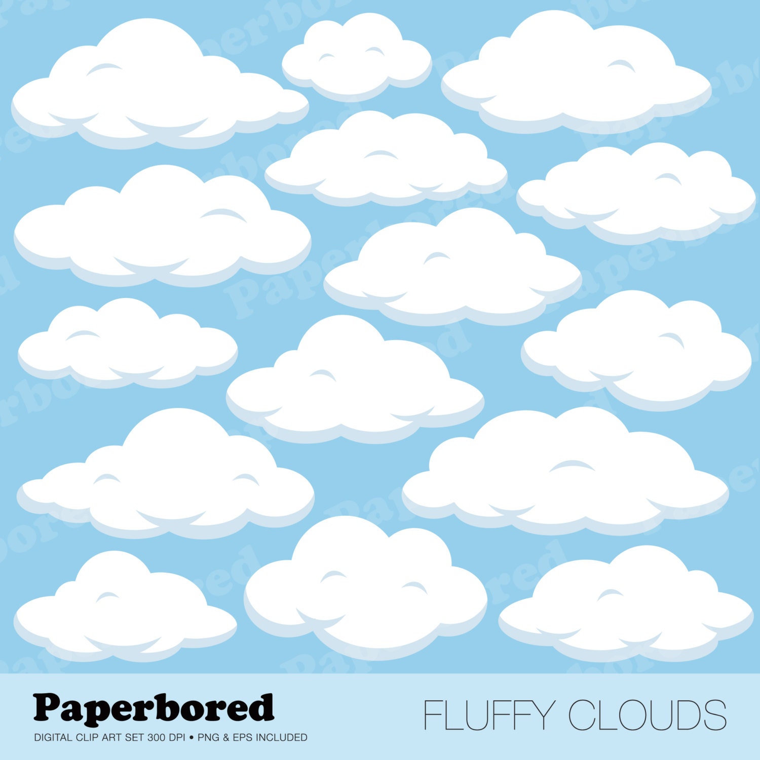 FLUFFY CLOUDS Clip Art Cloud Clip Art Set / Instant Download
