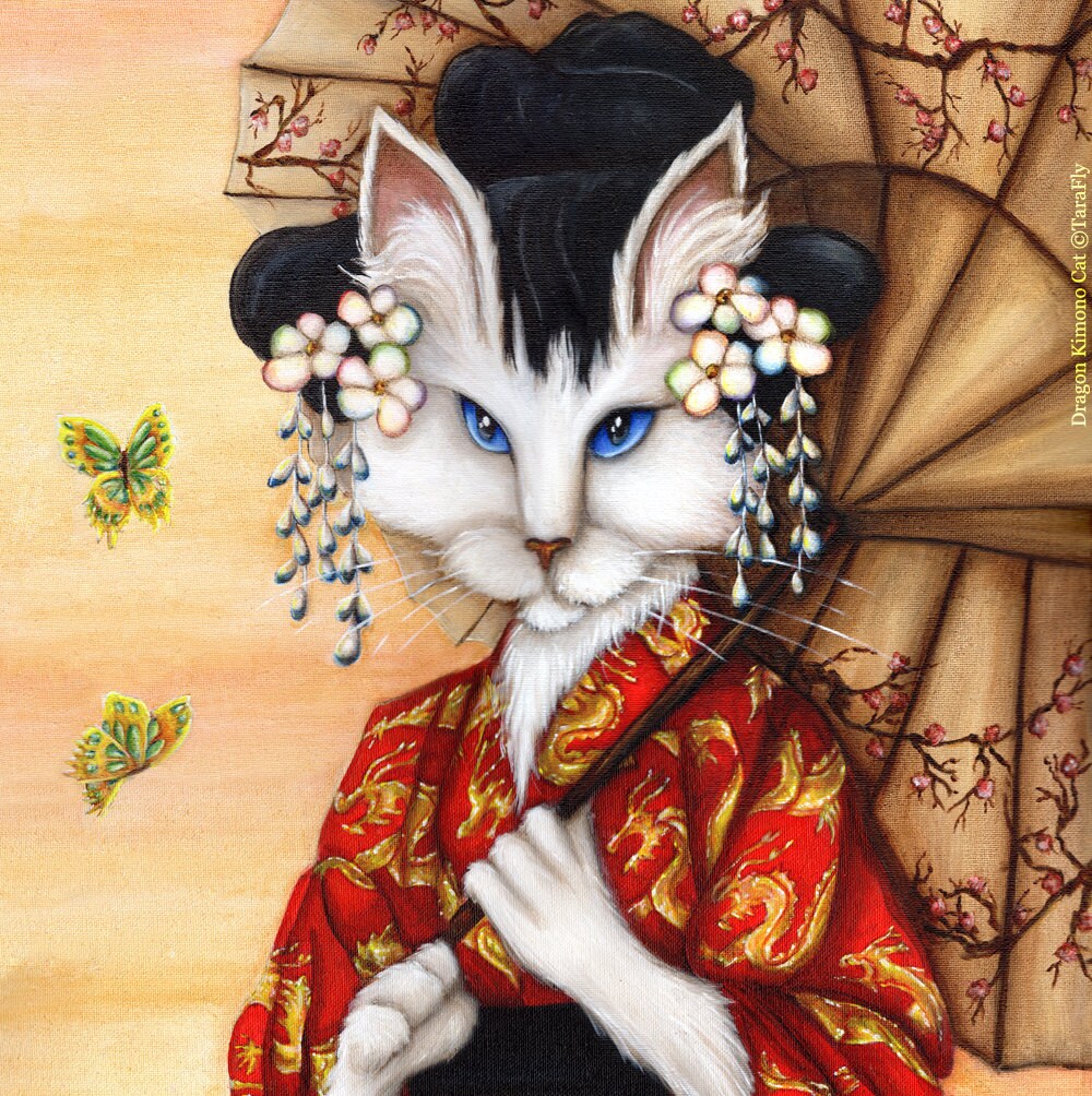 Japanese Cat Art White Cat Wearing Red Kimono with by TaraFlyArt