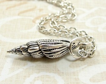 Spiral Conch Seashell Necklace, Silver Plated Spindle Shell Charm on a ...