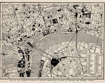1920s antique LONDON map with Theatres and Cinemas, London street map