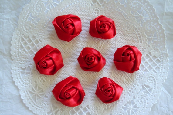 Satin Rose Rosettes RED Rolled Roses