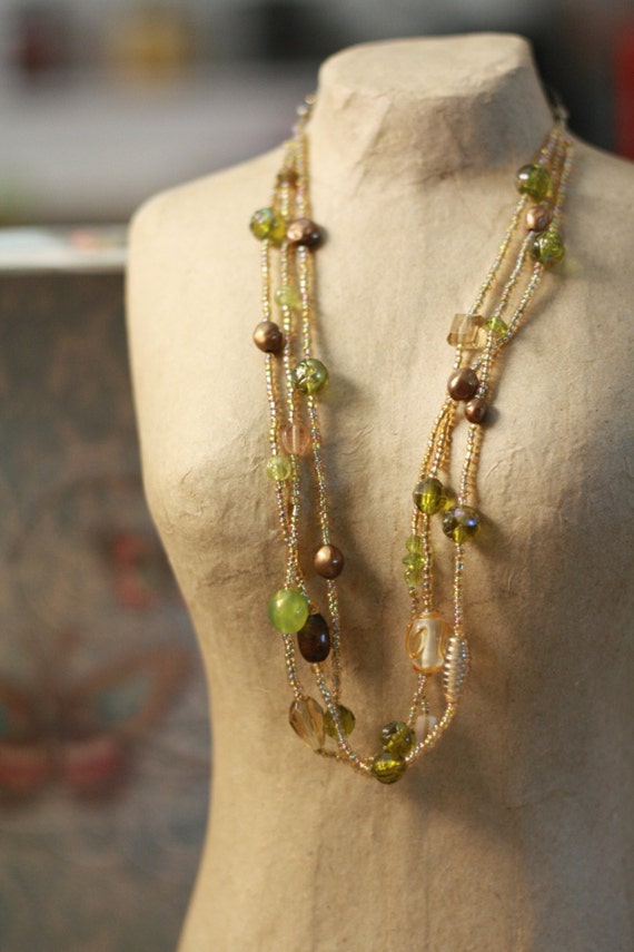 Green gold brown beaded layered necklace and matching