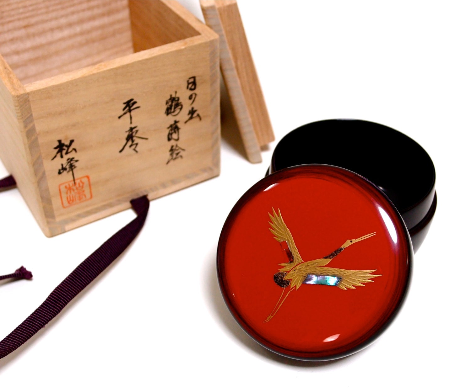 Japanese Hira-Natsume, Echizen Lacquer ware, Hinode-Tsuru(Sunrise and ...
