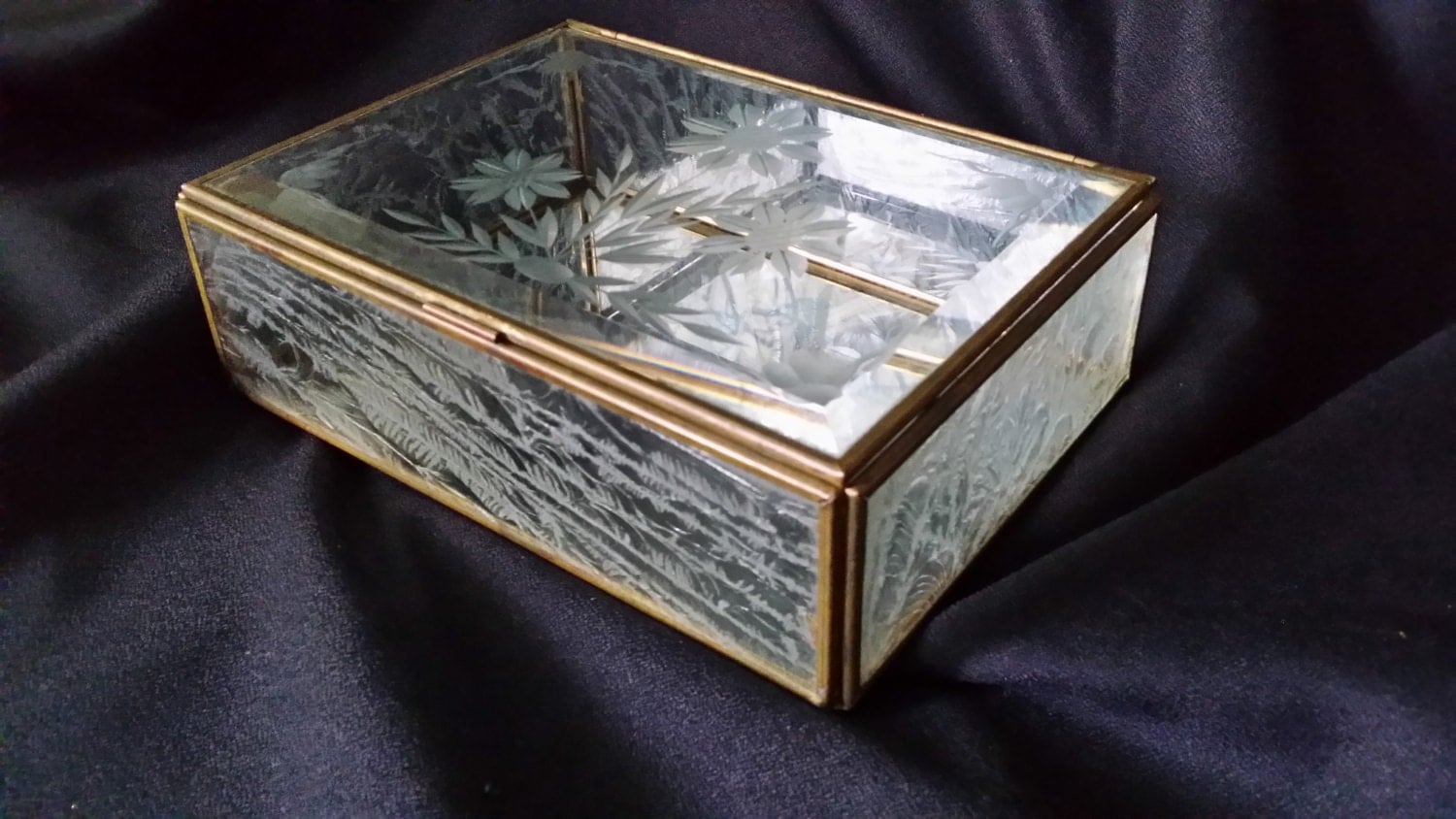 Vintage Etched Glass And Brass Covered Box Jewelry Casket Trinket ...