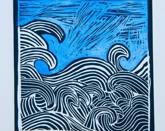 Wave linocut | Etsy