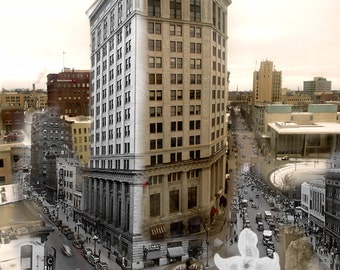 merged imaged, historic and present day images of the McKay tower in ...