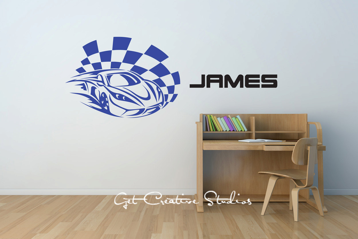 Race Car Decal Wall Sticker Checkered Flag Flames Flame Sports