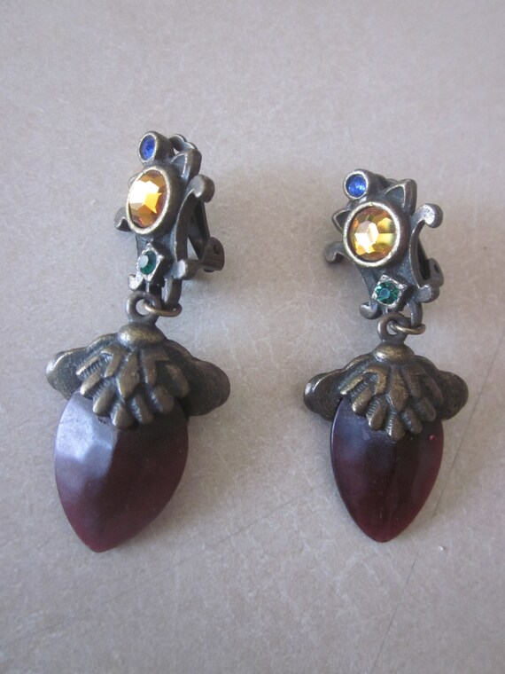 OLD WORLD EARRINGS Clamp on Accorn Drop Colored by ItseeBitsee