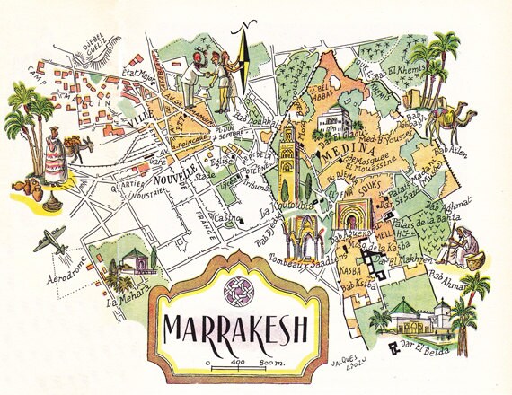 old pictorial map of Marrakesh Morocco from the 1950's