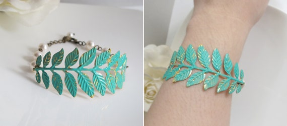 Verdigris Patina Brass Leaf Bracelet. Leaves Branch by AnnMichy