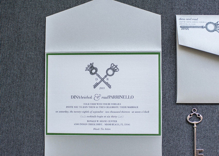 Green and Silver Vintage Wedding Invitatoin – Antique Key Pocket ...