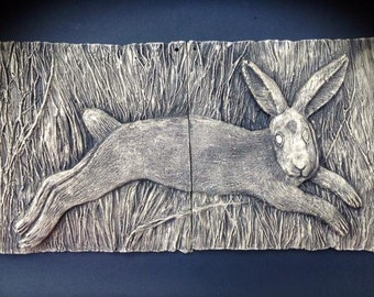 Rabbit Pottery Animal Relief Sculpture Tile