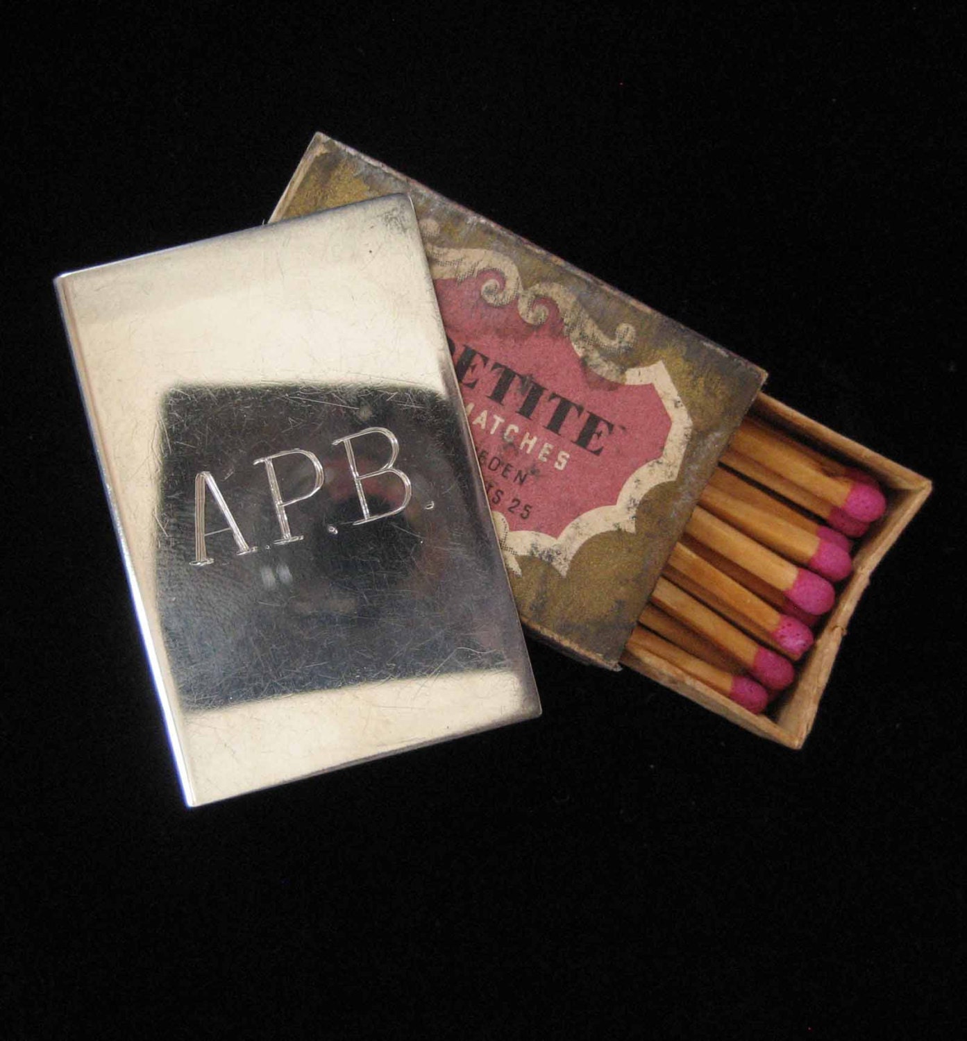 Sterling Silver Matchbox Cover w/ Original Antique Matches #1