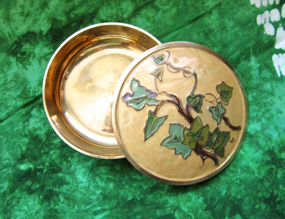 Small Brass Enamel Trinket Box with Ivy Vine/Gold and Green/Vintage ...
