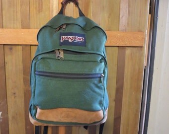 Vintage Jansport Green Backpack - Jansport Backpack with Old Leather Logo
