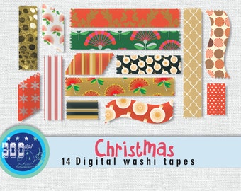 Christmas digital washi tape, Christmas washi tape clipart in red green ...