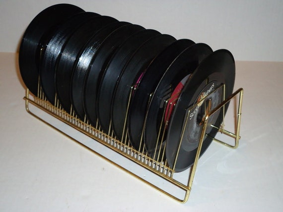 Vintage 45 RPM Record Rack with 10 Old 45 RPM by thesummerplace