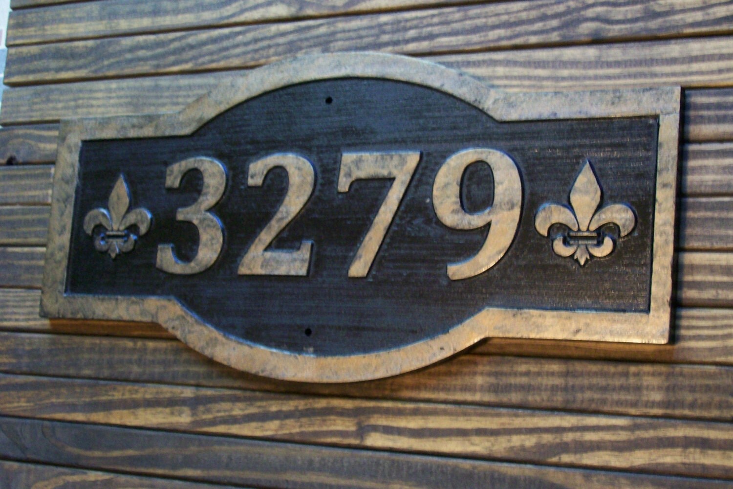 Custom Carved Address Sign Fleur De Lis Large Antique Brass