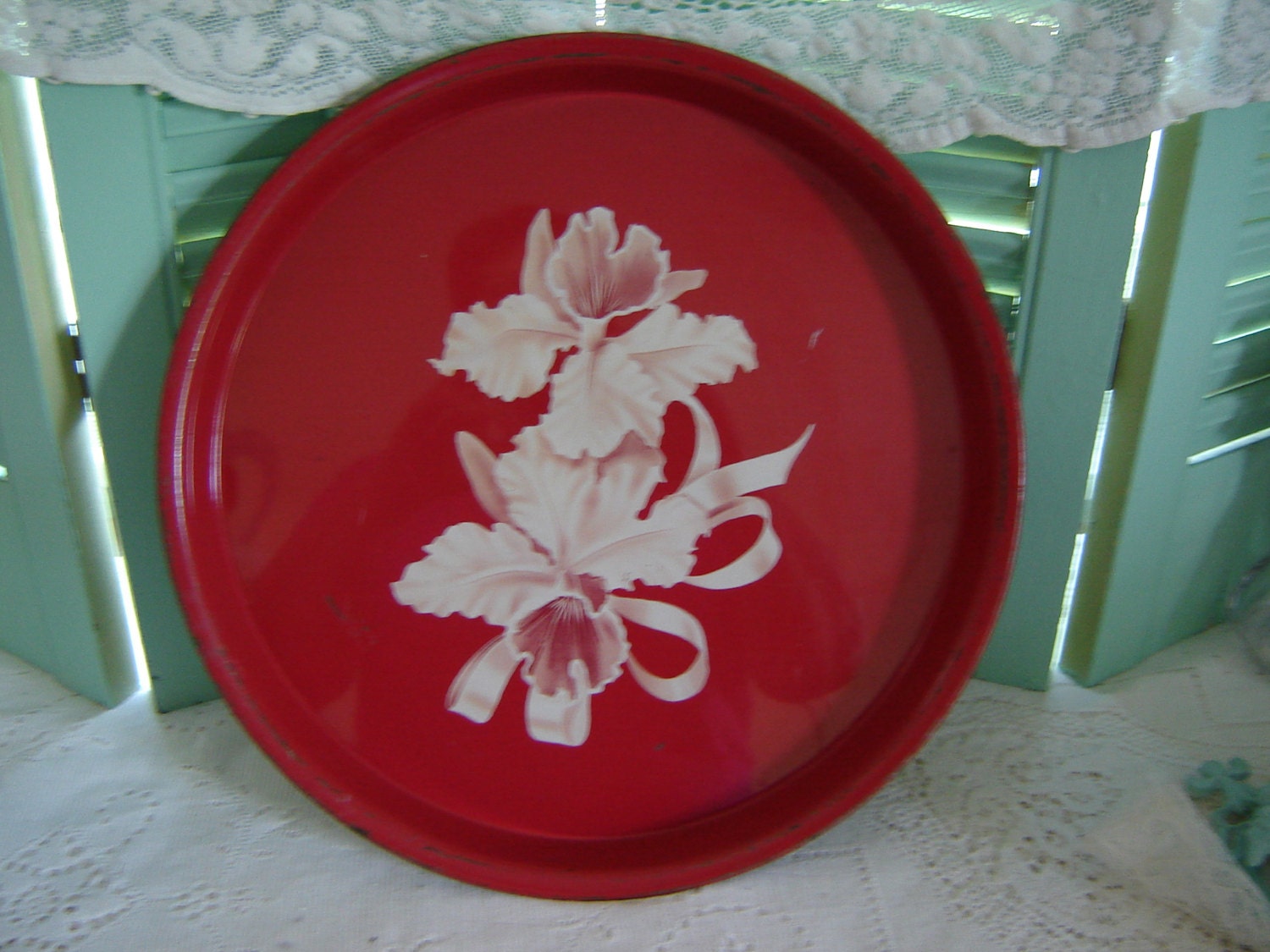 Vintage red metal serving tray-kitchen decor-wedding table setting ...