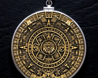 Legendary Aztec Calendar Sun Stone Design Medallion on Natural