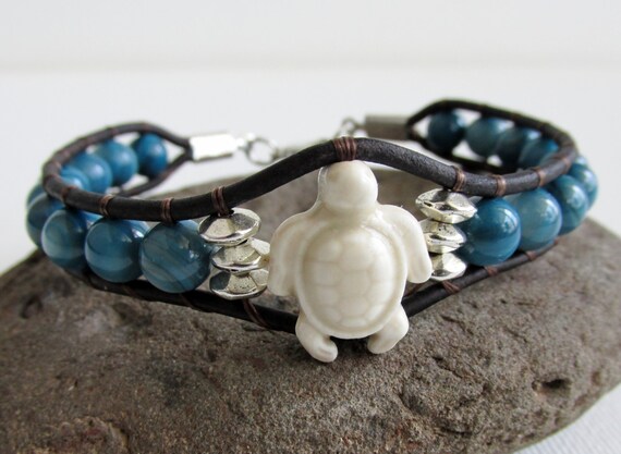 Items similar to Turtle Bracelet, Beaded Leather Bracelet, Wrap ...