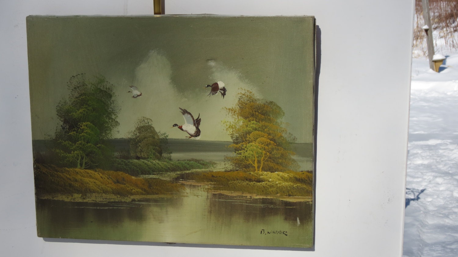 Vintage Signed B Wilder Oil On Canvas Three Ducks Flying Low