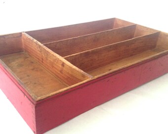 retro red industrial divided wood box; rustic yesteryears chippy ...