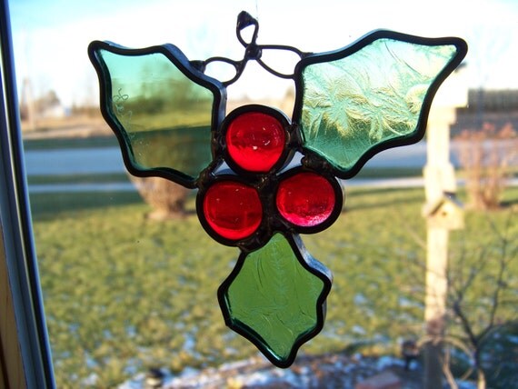 Stained Glass Holly Leaves Suncatcher With By Colorurworldglass