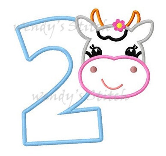 Girl cow birthday number 2 applique machine embroidery design