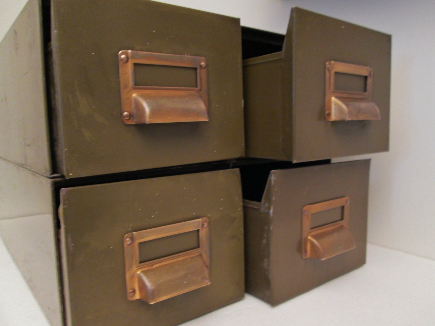 Set of 2 Vintage Office Art Metal Two Drawer Card File Box with Brass ...