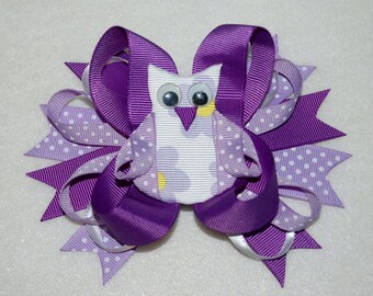 little owl hair bow. purple ribbon hair bow barrette