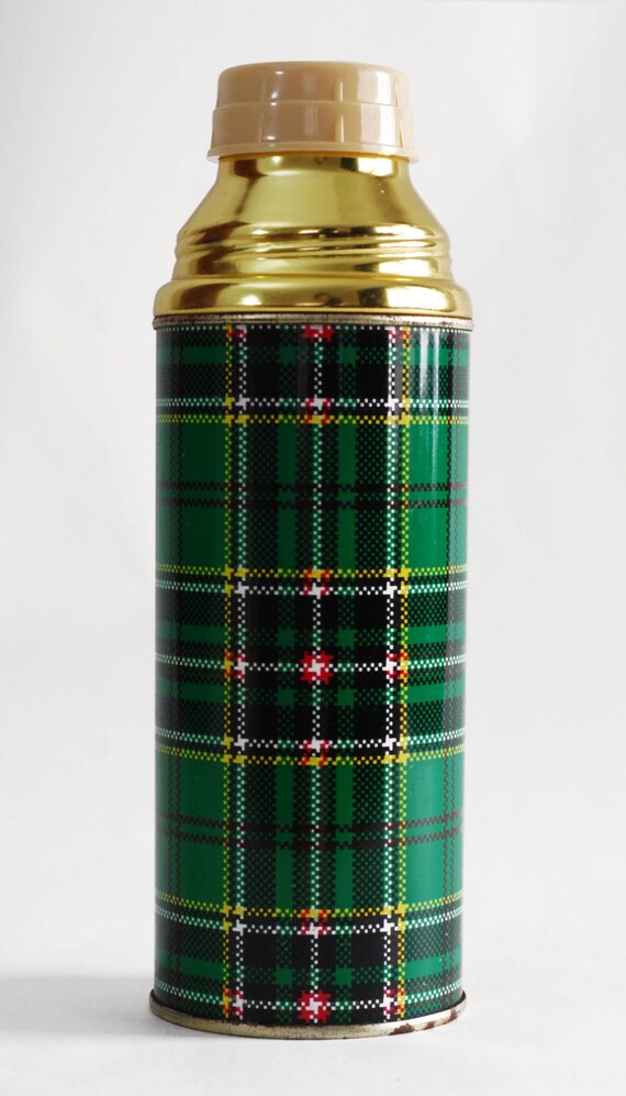 vintage 60s thermos / retro plaid tin and plastic thermos