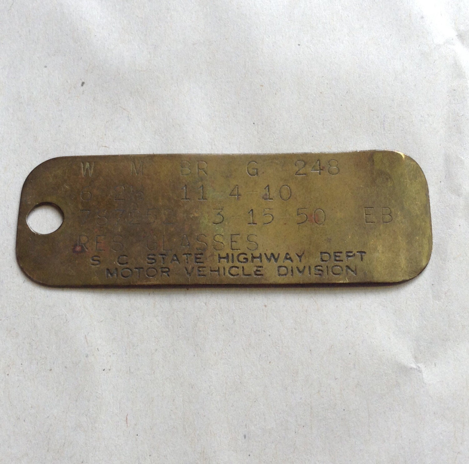 Brass South Carolina 1953 Drivers License Belton SC Vintage