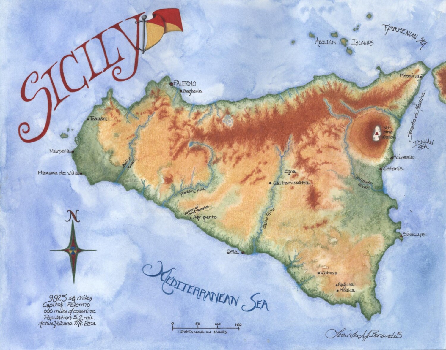 Map of Sicily Italy watercolor photo realistic colored