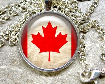 Canadian Flag Necklace Glass Dome Pendant matching Lobster Claw Chain ...