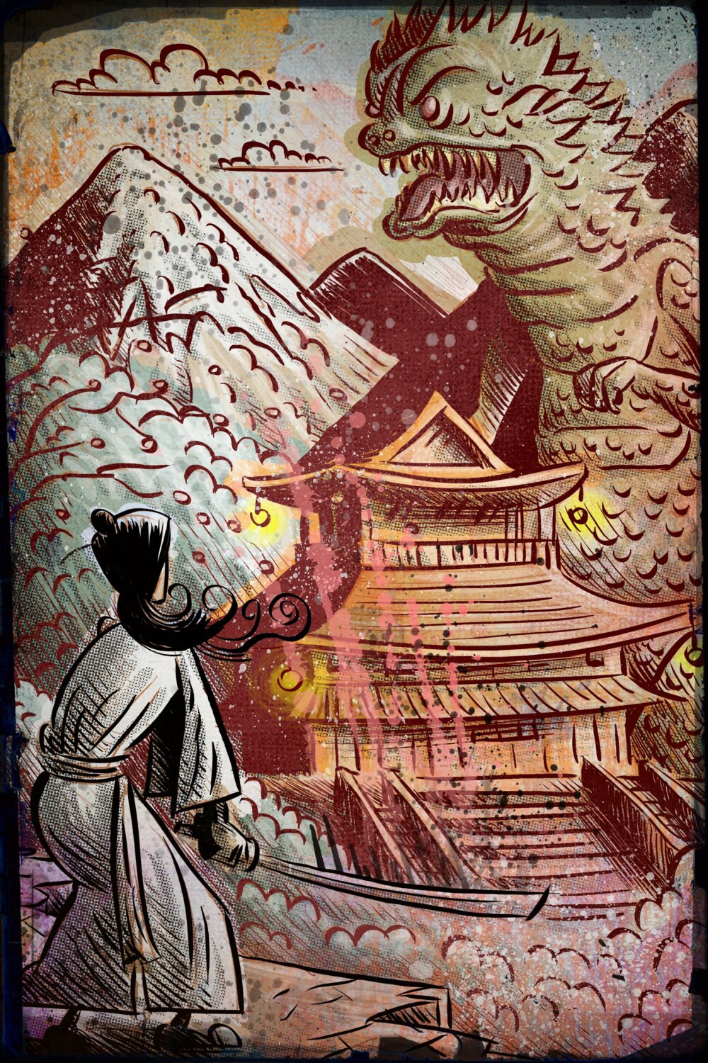 Kaiju vs Samurai Art Print. Monster Godzilla Father's day