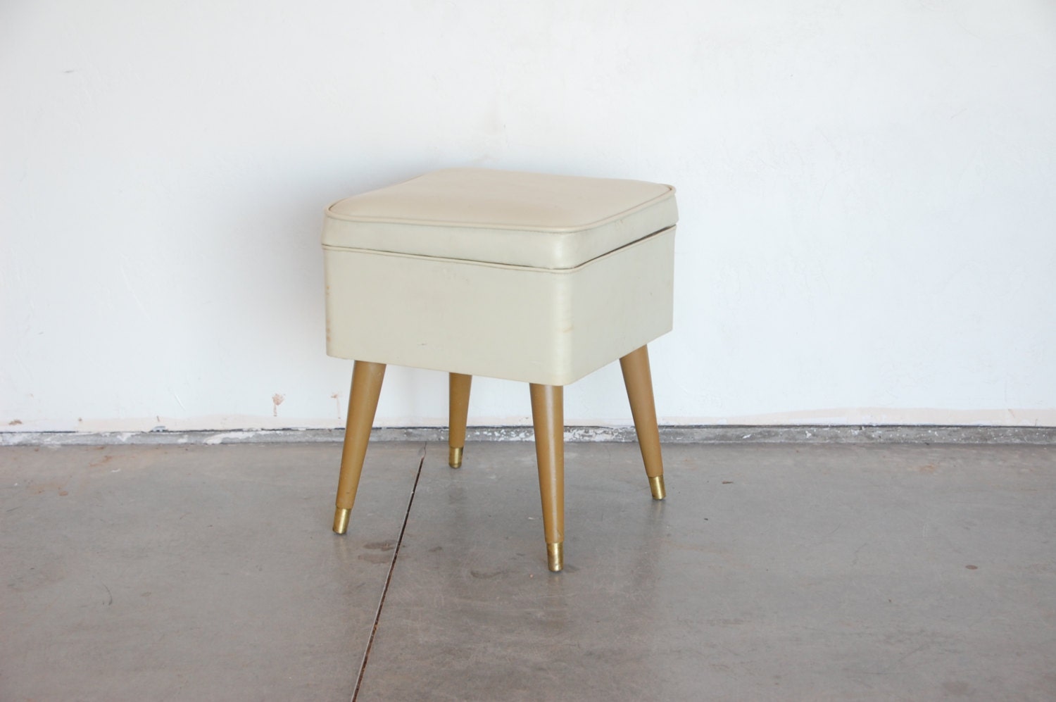 Adorable Square Vintage Sewing Storage Chair in White Vinyl Upholstery ...