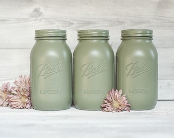Sage green Painted mason jar kitchen canister storage organizing.