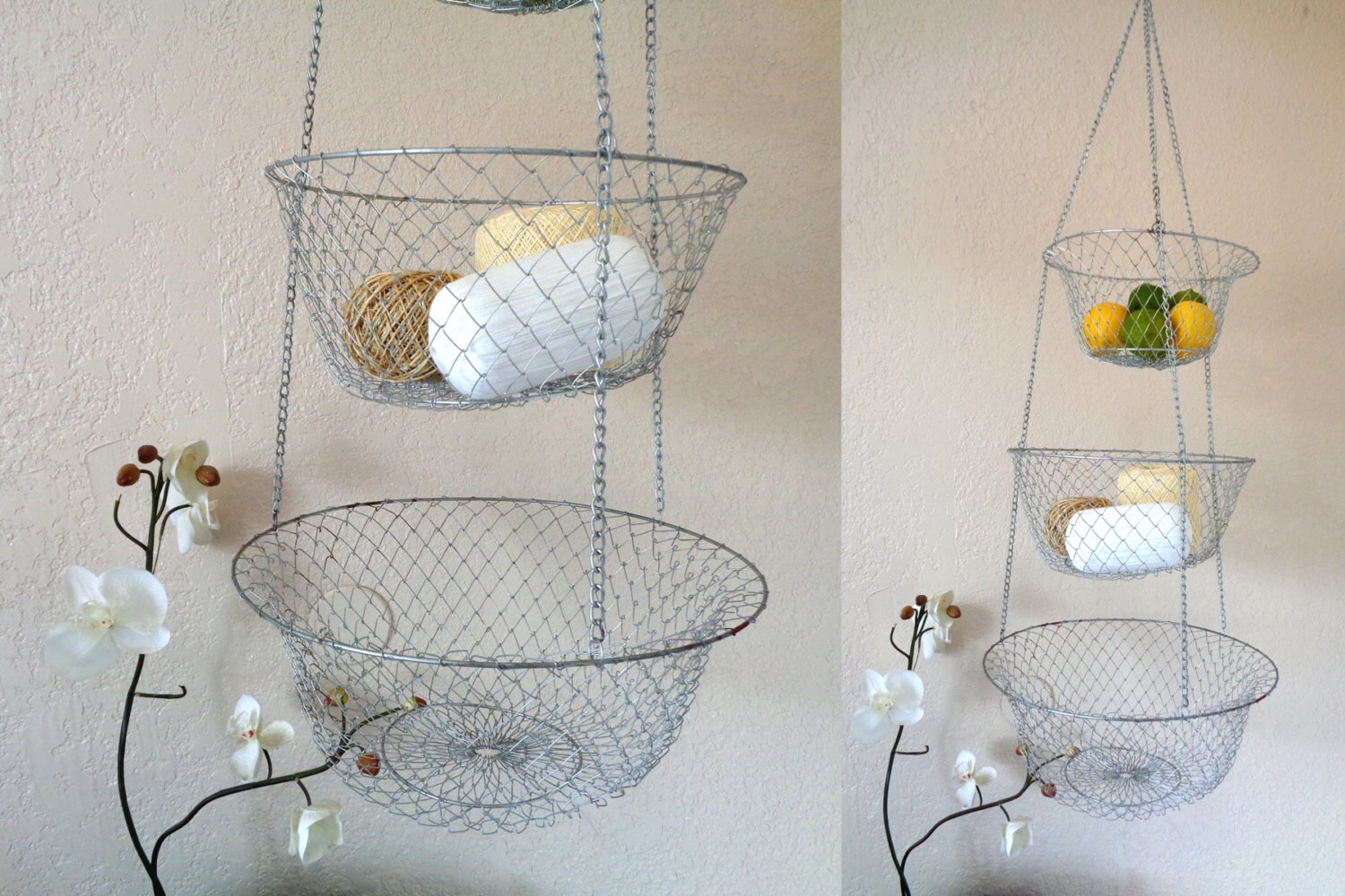 Vintage Silver Metal Wire Mesh Hanging Baskets Extra Large