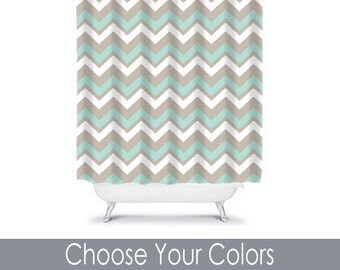 Shower Curtain Monogram CUSTOM You Choose Colors Aqua Beige Tan Chevron ...
