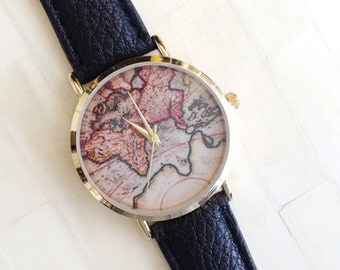 colorful world map watch, leather watch, men watch