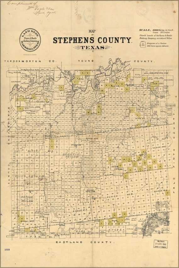 24x36 Poster Map Of Stephens County Texas 1870