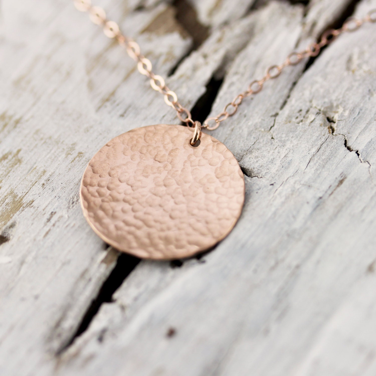 Large hammered rose gold disc necklace 19mm 14K rose gold