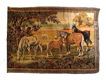 70s Velvet Rug Wall Hanging Horses Foal Mare Stallion